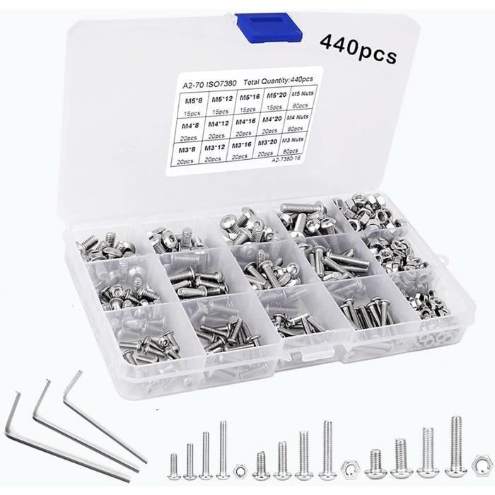440pcs M3 M4 M5 Jeu de vis et écrous, craftman168 Vis à tête bombée à six pans creux en acier ...