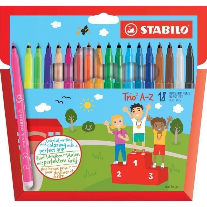 Feutres STABILO Trio A-Z - 15 couleurs + 3 fluo - Pointe moyenne ...