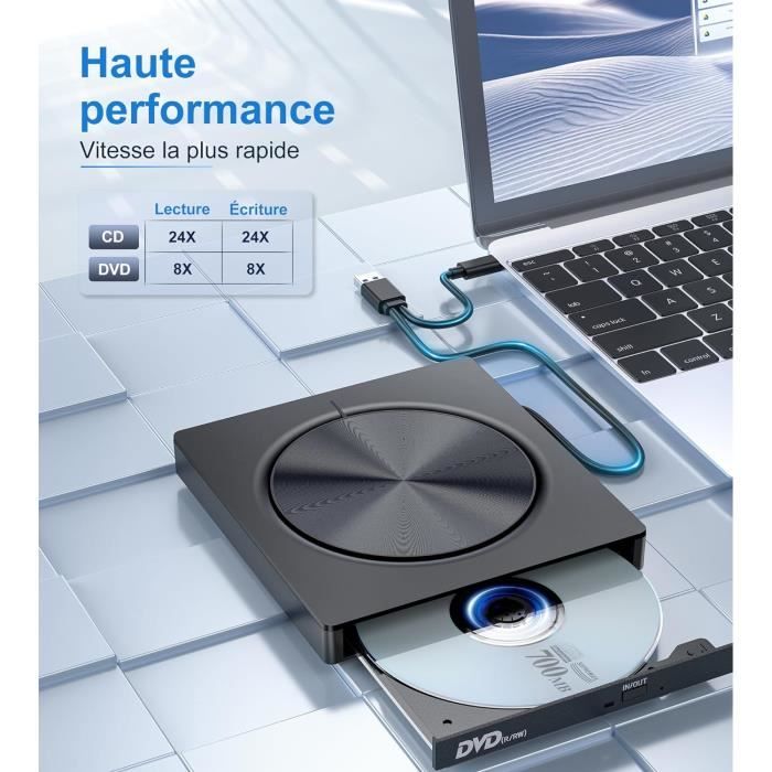 Lecteur CD DVD Externe - NO BRAND - USB 3.0 et USB-C - Noir - 8x - 24x ...