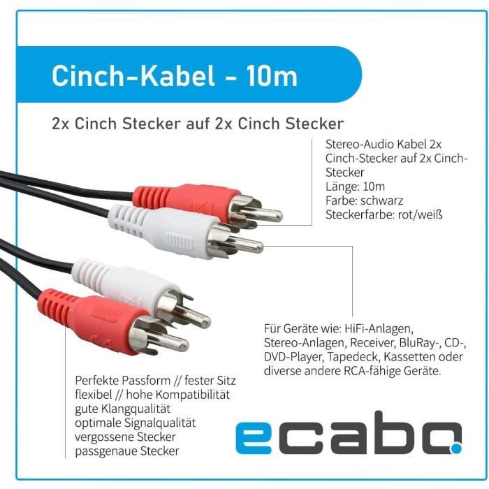 Câble Rca ,2 Cinch Sur 2 Cinch,10M U2013 Fiche Cinch Rca(Rouge-Blanc)À La Fiche Cinch Rca(Rouge ...