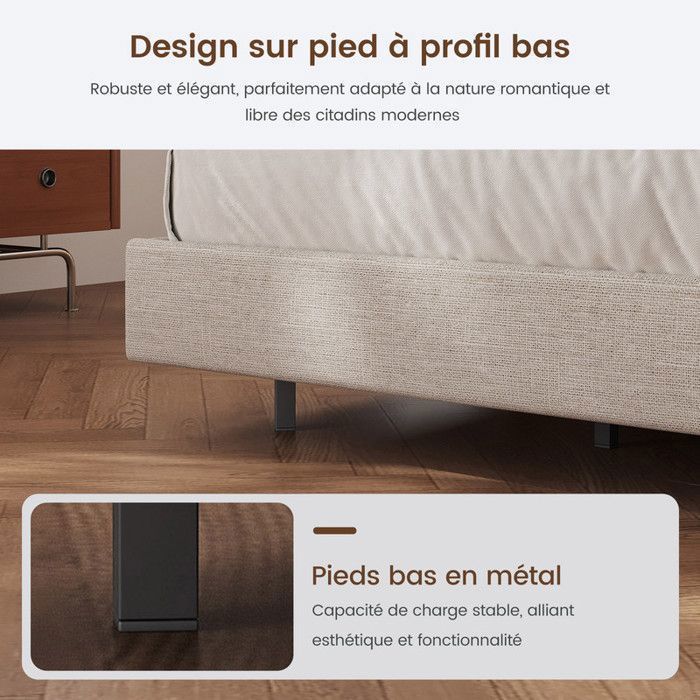 Lit double en tissu moderne 180x200cm avec tête de lit rembourrée et ...