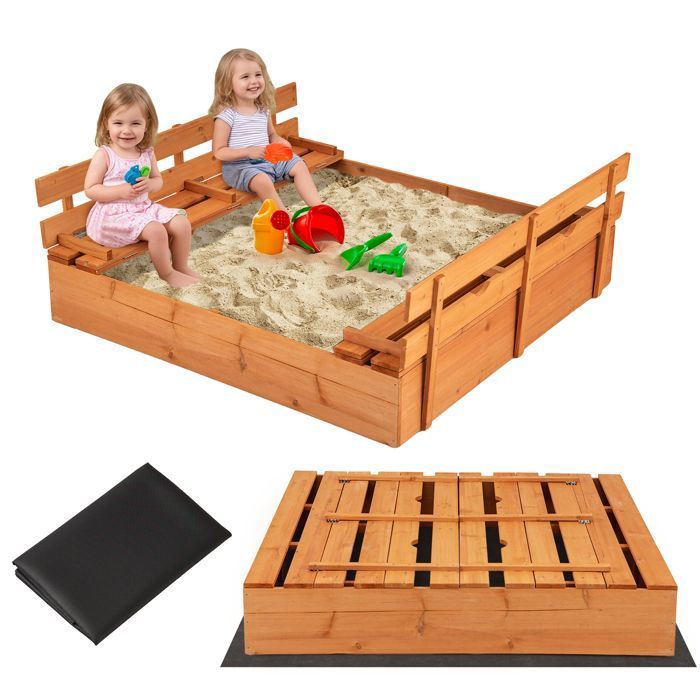 DREAMADE Bac à Sable en Bois pour Enfants, Bac à Sable pour Tout-petits avec 2 Bancs ...
