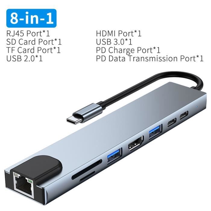 8 en 1 - Port USB de Type C 3.0'Ordinateur Portable Adaptateur de PC, Charge PD, Station de ...