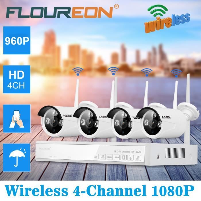 FLOUREON 4CH Wireless CCTV 1080P DVR Kit Outdoor Wifi WLAN 1.3MP 960P ...