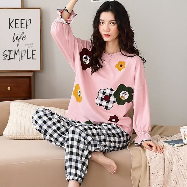 Pyjama femme en coton long,Mignon dessin animé chiot motif Pyjama vert ...