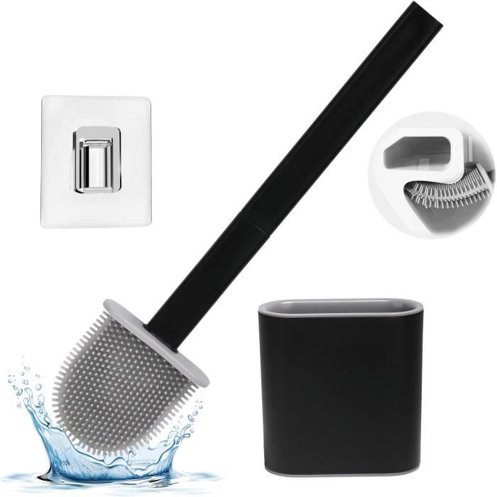 Brosse Wc En Silicone, Avec Tête Plate Et Flexible, Brosse Wc Et Support Noir, Brosse Wc En ...