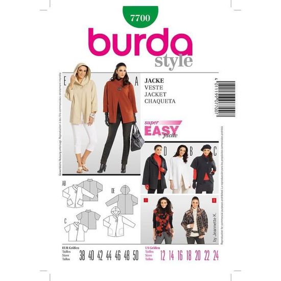 Patron Burda 7700 Veste - Cdiscount Beaux-Arts et Loisirs créatifs