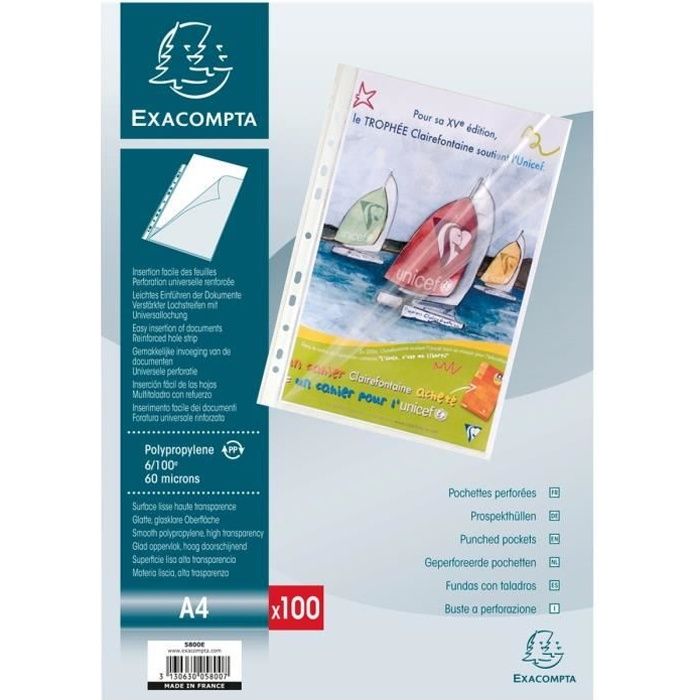 1 Etui carton de 100 pochettes perforées ouverture haut et côté ...