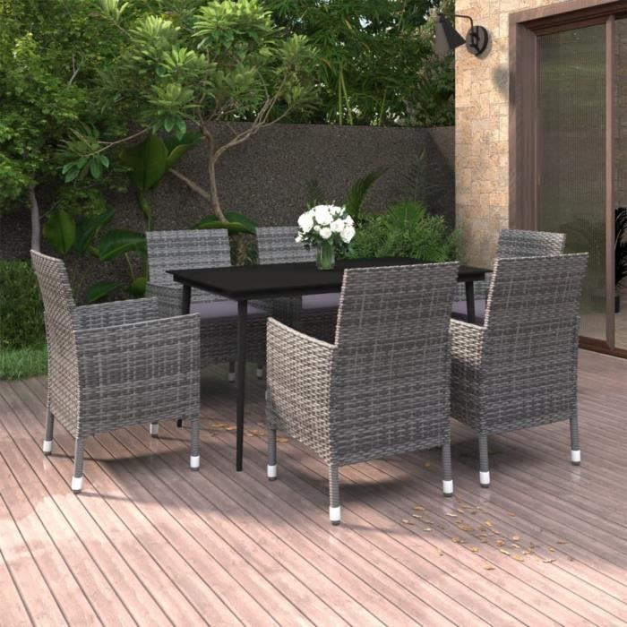 QUT Ensemble à dîner de jardin coussins 7 pcs Résine tressée Verre ...