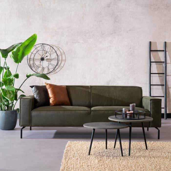 Canapé industriel 3 places Kansas vert olive - Livin24 - Cuir écologique - Confort moelleux ...