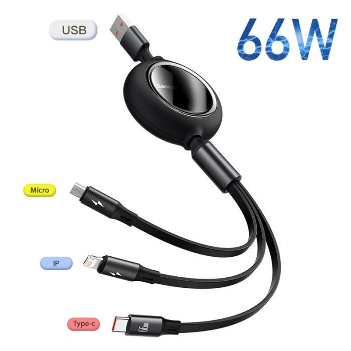 Câble téléphone,câble Micro USB C rétractable 3 en 1,pour recharge ...