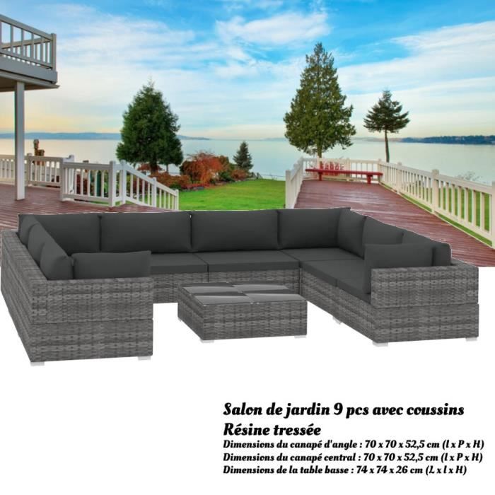BEL Salon de jardin 70 x 70 x 52,5 cm 9 pcs avec coussins résine ...