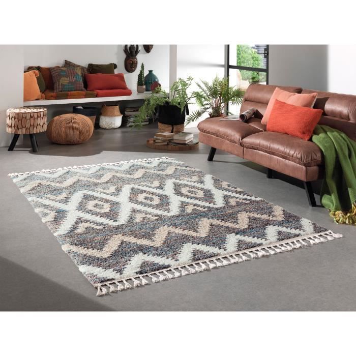 Tapis de salon à franges motif aztèque - NAZAR RUGS - 160x230 cm - HONORE - Gris et Blanc ...