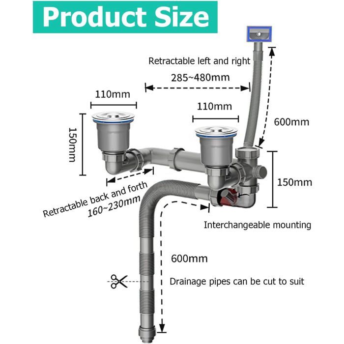 110 mm Siphon Evier Cuisine 2 bac, Kit de Tuyau de Vidange d'évier de ...