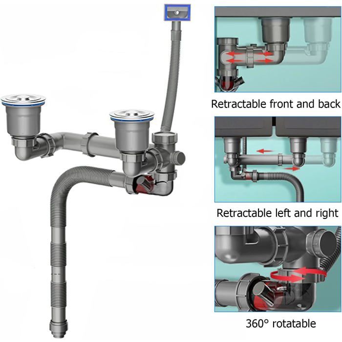 110 mm Siphon Evier Cuisine 2 bac, Kit de Tuyau de Vidange d'évier de ...