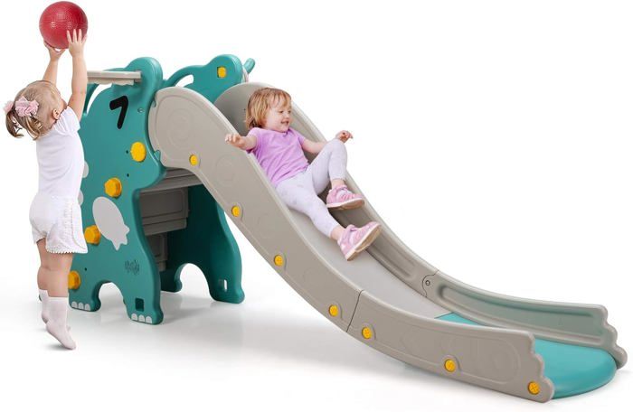 GOPLUS Toboggan Enfant 4 en 1, avec Panier de Basket et Jeu de Lancer d'Anneaux, pour Enfants 1 ...