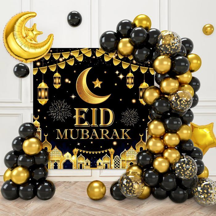 Eid Mubarak Arche Ballon Noir Or, 70Pcs Ramadan Mubarak Guirlande ...