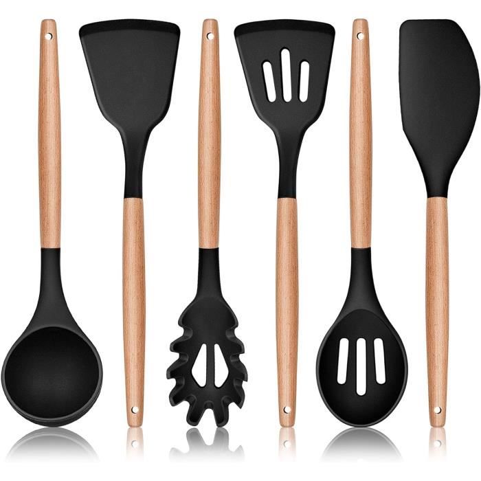 Lot de 6 ustensiles de cuisine en silicone - Résistants à la chaleur - Avec manche en bois ...