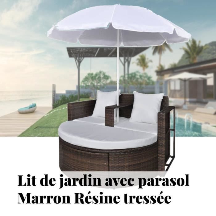 Lit de jardin avec parasol Marron Résine tressée 130 x 58 x 77 cm Brun ...