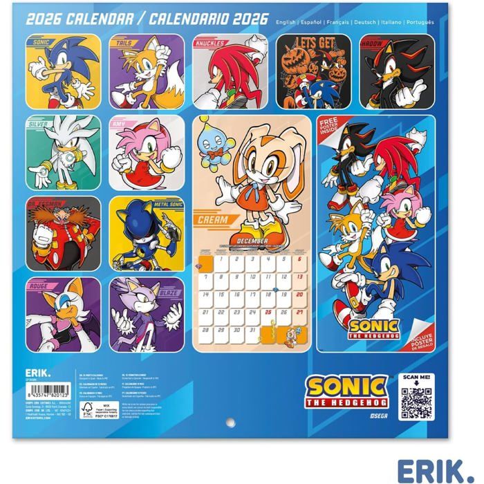 Calendrier mural 2026 Sonic mensuel idéal cadeau espace notes et ...