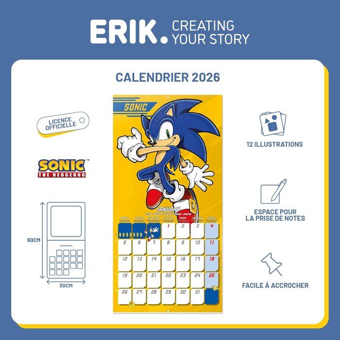 Calendrier mural 2026 Sonic mensuel idéal cadeau espace notes et ...