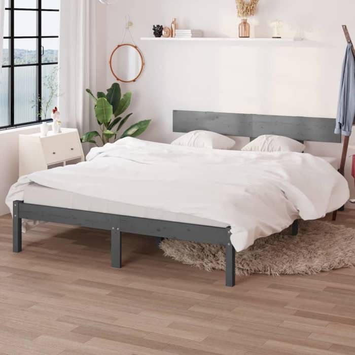 Haut de gamme - Cadre de lit - sans matelas - gris bois massif 140x190 ...