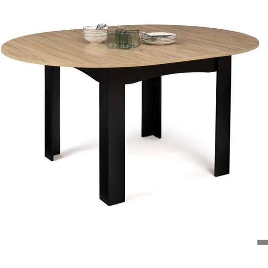 Table à Manger Ronde 4-6 Personnes Extensible Noir + Plateau Bois ...
