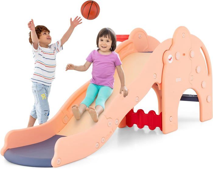 GOPLUS Toboggan Enfant 4 en 1 Forme d'Éléphant avec Panier de Basket et Ballon, Zone Tampon ...