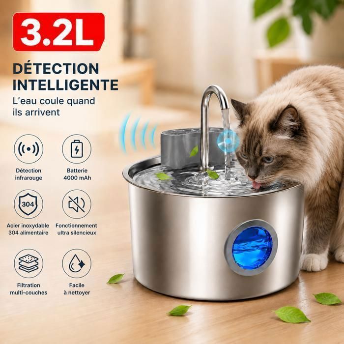 Fontaine à Eau pour Chat INOX 3,2 L — Détection Infrarouge — 3 Modes ...