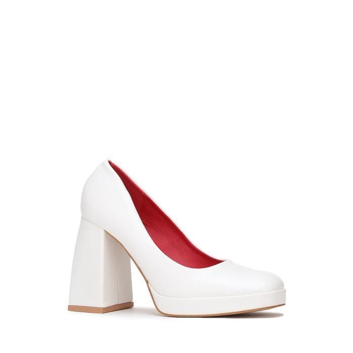 Escarpins rétro à talon carré large - Femme - Blanc - Synthétique ...