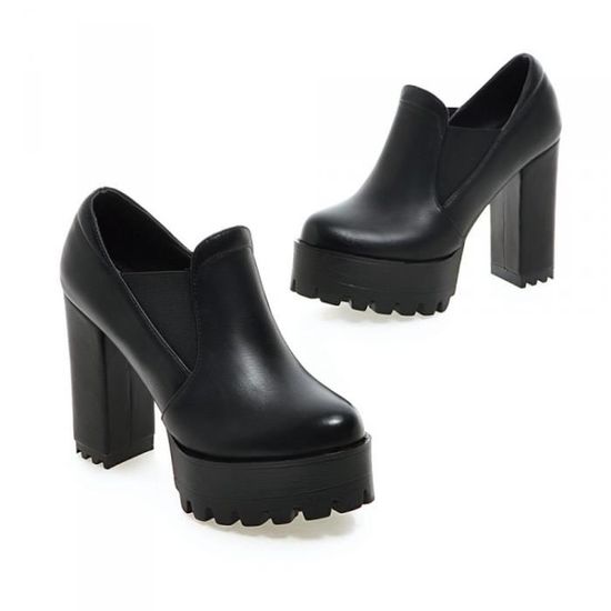 Femme talon carré haute pompe de plate-forme talons hauts noir Noir ...