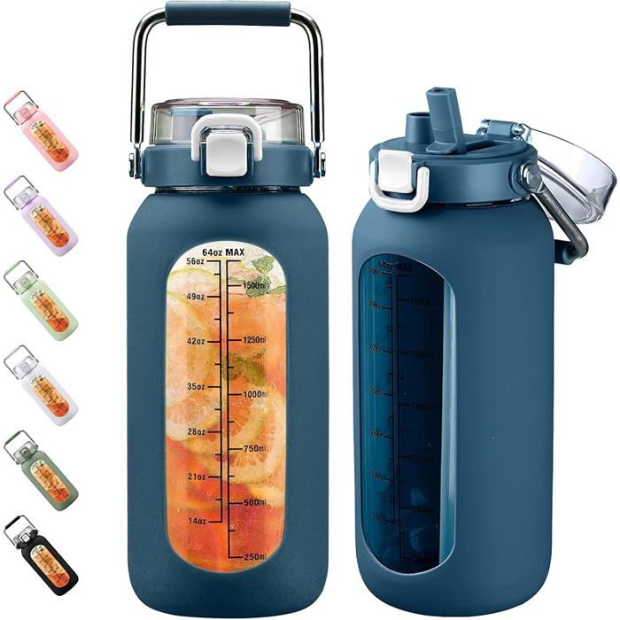 2000ml Gourde en Verre avec Poigne en Inox et Marqueur Temps Verre Motivation 2L avec Manchon en ...