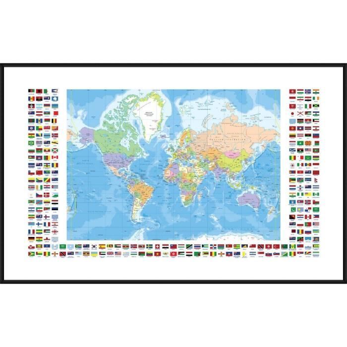 Political Modern Flags World Map Black Aluminum POSTER ENMAILLÉ ...