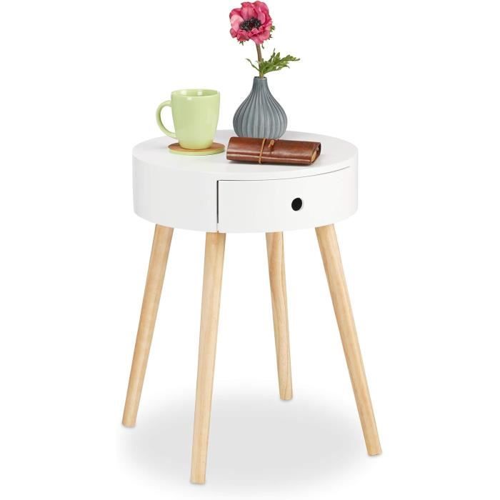 Table d'appoint ronde, design scandinave, TRAHOO - Blanc - 1 tiroir ...