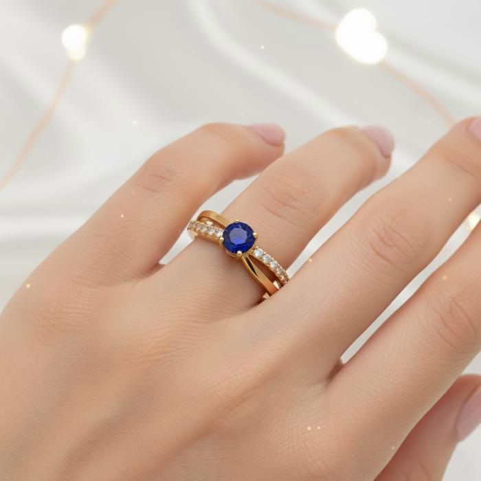 Bague Femme Plaqué Or 18 Carats – Solitaire Oxyde de Zirconium bleu 5 ...