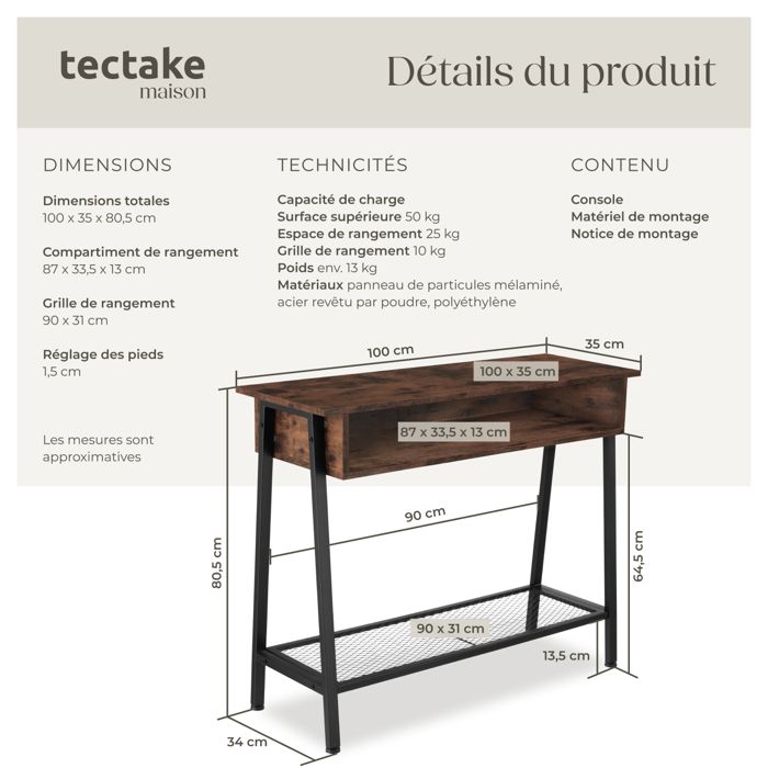 Table console - TECTAKE - Console TRALEE au style industriel en bois et ...