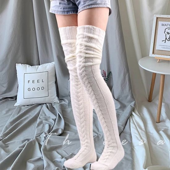 Bas en laine pour femmes,chauffe-pieds,chaussettes hautes,fibres ...