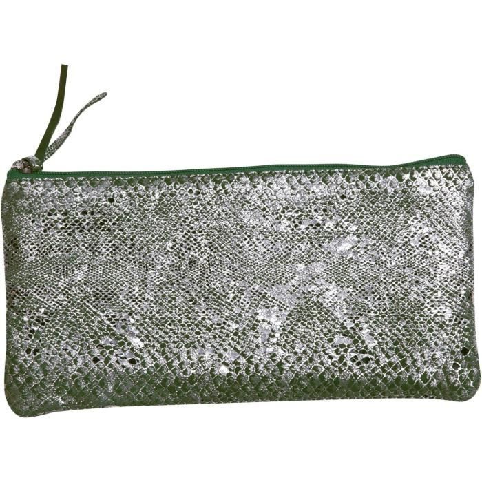 410101C - Trousse Scolaire Plate Verte Et Argentée Motif Serpent 22X11 ...