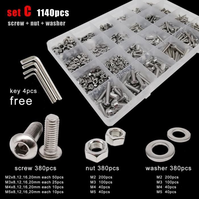 Kit d39assortiment de boulons et écrous en acier inoxydable 4002100 M16 M2 M25 M3 M4 M5 304 ...