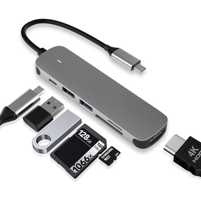 Hub Usb C, Adaptateur Usb C 6 En 1 Avec Usb 3.0, 4K-Hdmi, Connexion Usb C-Pd, Lecteur De Carte ...
