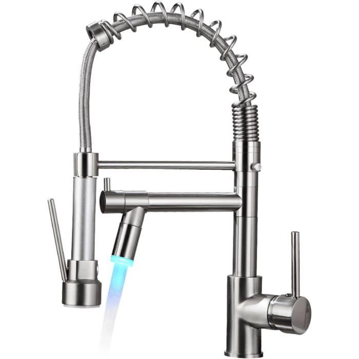 Robinet De Cuisine Led Avec Deux Becs Pivotant À 360° Avec Ressort En ...