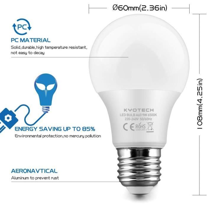 KYOTECH lot de 6 Ampoules LED Standard Culot E27 9W Équivaut à 75W ...