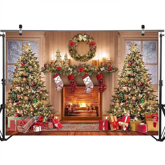 Toile de fond de Noël, cheminée, sapin de Noël, cadeaux pour photo ...