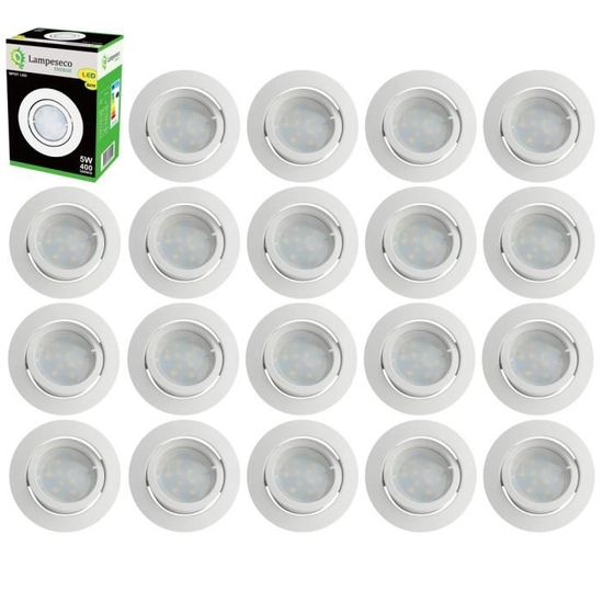 Lot de 20 Spot Led Encastrable Blanc Orientable - LAMPESECOENERGIE - 5W - Blanc Chaud - eq. 50W ...