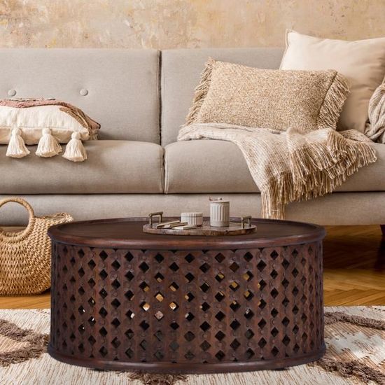 WOMO-DESIGN Table Basse Orientale Dublin Ronde Marron Foncé Ø75x35 cm ...