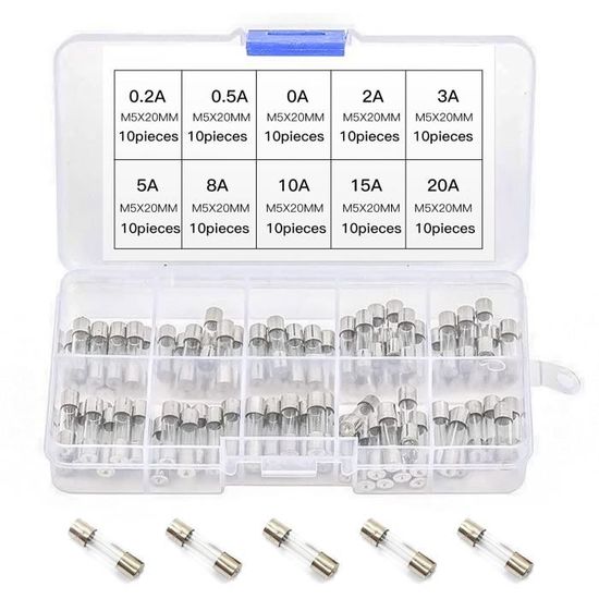 Kit de 100pcs Fusible en Verre, 5 x 20MM Ensemble de tube Fast-blow Fusibles 0,2~20A pour ...