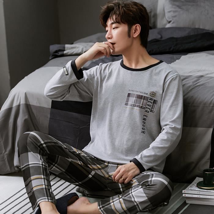 Vêtements de nuit pour hommes,Ensemble Pyjama en coton pour hommes ...