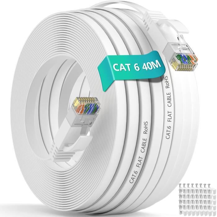 Câble Ethernet 40M, Câble Réseau Cat 6 Plat Blanc Câble Rj45 Extérieur ...