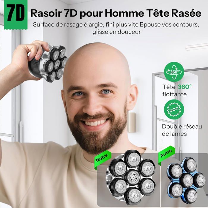 Rasoir Tete Chauve Homme, 7D Flexible Rasoir Avec 2 Vitesses Réglables ...