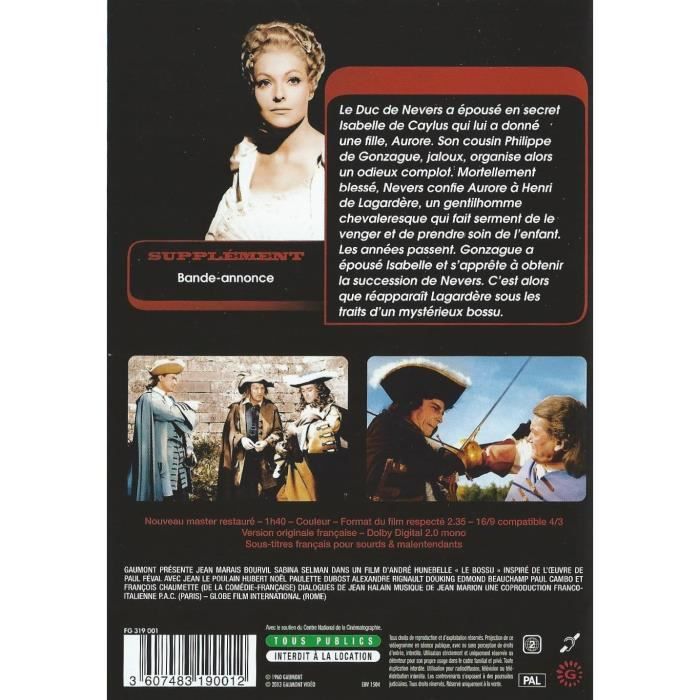 DVD - Le Bossu [ Jean MARAIS - BOURVIL - Sabina SELMAN ] Film de André HUNEBELLE - Cdiscount DVD